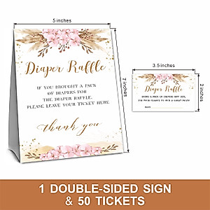 50 Diaper Raffle Tickets and 1 Self-standing Diaper Raffle Sign, Blush Pink Boho Floral Baby Gender Reveal Party Supplies, Gender Neutral Baby Shower Decorations - LBLK-019