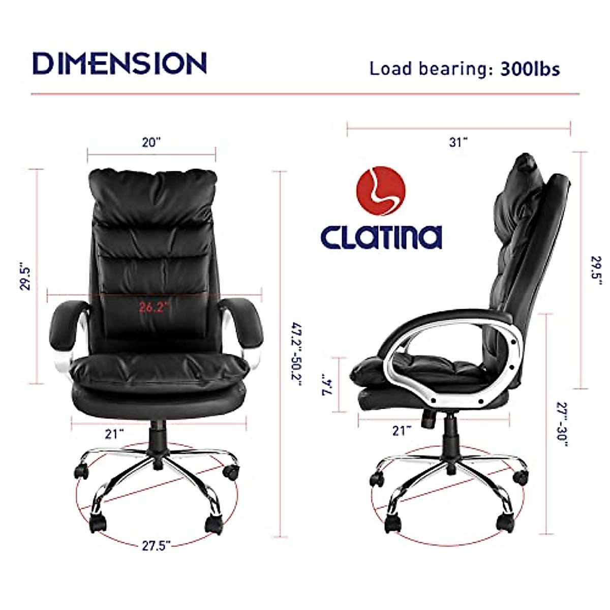 CLATINA Computer Desk Chair with Wheels and Padded Arms, Ergonomic PU Leather Swivel Home Office Chair with Double Seat Cushion, Adjustable High Back Comfort Executive Office Chair (Black)