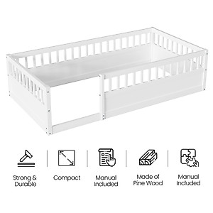 Twin Size Floor Bed with High Fence Rails, Solid Wood Montessori Floor Bed for Baby,Kids Twin Bed Frame for Girls, Boys, Floor Bed Without Slats as Kids Playground,White