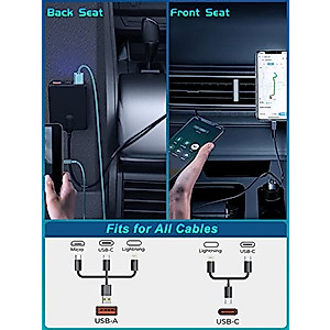 Car Charger USB C, 74W Fast USB Car Charger Adapter with PD 3.0/QC3.0 Type C Car USB Charger Multi Port with 6.3FT Cable for Front & Back Seat Fast Charging Compatible with iPhone, Samsung, IPad ect