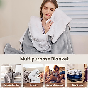 Sherpa Fleece Throw Blanket Queen Size - Thick and Warm Blanket for Winter, Warm Plush Fleece Reversible Blanket for Bed, Sofa, Couch, Camping and Travel, Light Grey, 90x90 Inches
