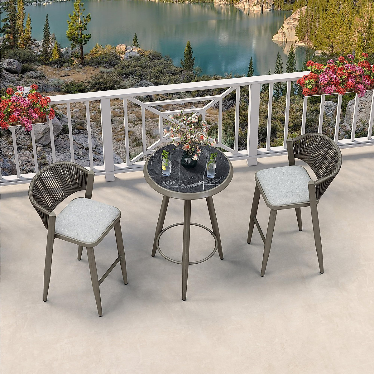 PURPLE LEAF 3 Pieces Outdoor Bar Height Table and Chairs Set Patio Bar Height Set for Balcony Porches Backyard Gray Round Patio High Bar Set
