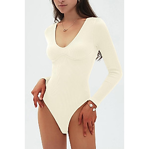 CHYRII Womens Sexy V Neck Bodysuit Basic Ribbed Long Sleeve Shirt Fall Tops Beige S