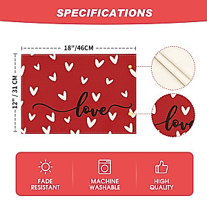 Artoid Mode Red Love Valentine's Day Placemats Set of 4, 12x18 Inch Seasonal Anniversary Holiday Table Mats for Party Kitchen Dining Decoration