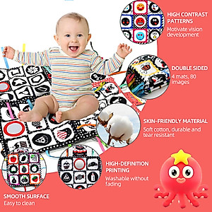 ONTODEX Baby Toys 0-6 Months, 4-in-1 Infant Tummy Time Mat, Newborn Black and White High Contrast Toddler Sensory Activity Play Mat with Mirror, Teethers, Rattles