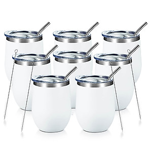 COMOOO 12oz Wine Tumbler with Lid and Straw, Stainless Steel Stemless Wine Glass, Double Wall Vacuum Insulated Wine Tumbler Cup for Gift, Cocktails,Beer,Champaign, White, 8 Pack