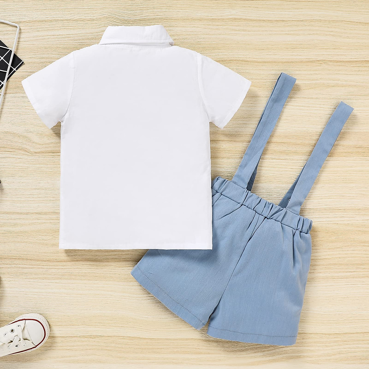 Viworld Toddler Baby Boy Gentleman Clothes Kids Short Sleeve Bowtie Shirt+Suspender Shorts Set Outifts Summer Suits(Blue,4-5 T)