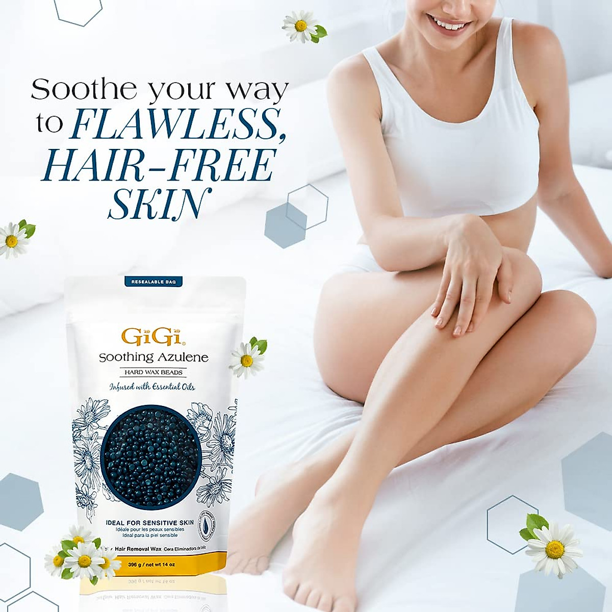 GiGi Hard Wax Beads, Soothing Azulene Hair Removal Wax for Sensitive Skin, 14 oz