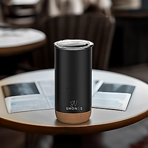 SHONAS 16oz Vacuum-Insulated Double Wall Stainless Steel Travel Thermal Mug: Hot/Cold for Hours, Non-slip Cork Bottom, Leak-Proof One-button Push Lid, BPA-Free, Black & White (Sleek Black)