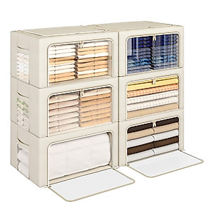 Foyego 6 Pack Clothes Storage Bins with Metal Frame, Stackable Fabric Bed Sheet Organizer with Clear Window, Foldable Linen Closet Organizers and Storage for Bedding, Sheet, Clothing, Sweater