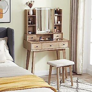 T4TREAM Vanity Desk with Mirror and Lights,Makeup Vanity Table Set with Visual Drawers,Cushioned Stool and 3 Color Lighting Modes,32 inch Dressing Table for Bedroom Women Girls,Natural Oak