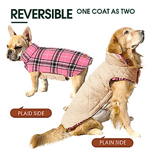 Kuoser Warm Dog Coat, Reversible Dog Jacket Waterproof Dog Winter Coat British Style Plaid Dog Clothes Pet Dog Cold Weather Coats Cozy Snow Jacket Vest for Small Medium Large Dogs Pink XXL