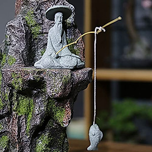 2Pcs Mini Fisherman Figurines Ceramics Chinese Mudman Sitting Fishing Garden Statue for Micro Pot Flower Vase Aquarium Decorations Asian Decor for Zen Garden, Gray, 4.5x4cm (17P5SY00210913VJ)