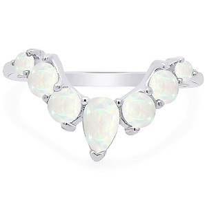 AFFY Seven Stone Design, Dainty 14k White Gold Plated 925 Sterling Silver Pear And Round Cut Created Opal Stackable Wedding Ring Jewelry For Womens Ring Size -6