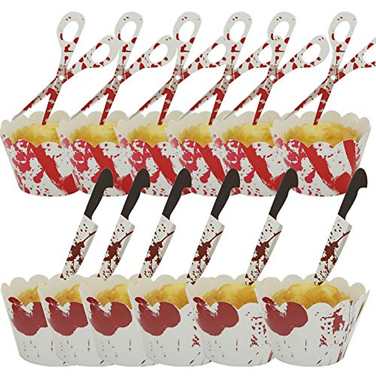 YuBoBo Halloween Cupcake Toppers Wrappers, Horror Cake Halloween Decoration Bloodstain Cake Knife Scissors Food Decor Party Supplies (12 sets (24pcs))