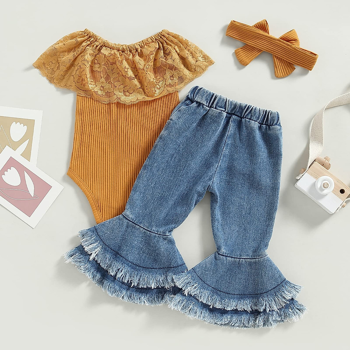 LIOMENGZI Newborn Baby Girl Flare Outfits Clothes Summer Jumpsuit Set, Short Sleeve Patchwork Romper Flare Pants Bow Headband