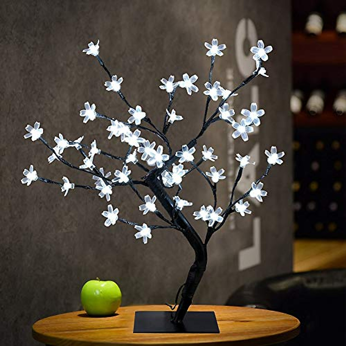 Lxcom Lighting LED Cherry Blossom Bonsai Tree 18” 48 LEDs Plug-in Desk Top Bonsai Lighted Tree Artificial Crystal Flower Light Table Lamp Adjustable Black Branches for Party Wedding Home Decor, White