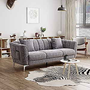 HOSTACK Modern Chenille Sofa, 77" Upholstered Couch with 2 Bolster Pillows and Armrest Bags, 3-Seat Sofa for Living Room, Bedroom, Office, Apartment, Dorm, Gray