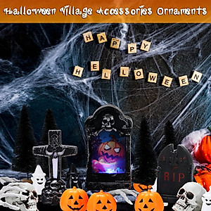 Retisee 28 Pcs Halloween Miniature Micro Landscape Village Accessories Ornaments Set Black Christmas Tree LED Tombstones Skeleton Pumpkin Statues for Halloween Party Set Decor