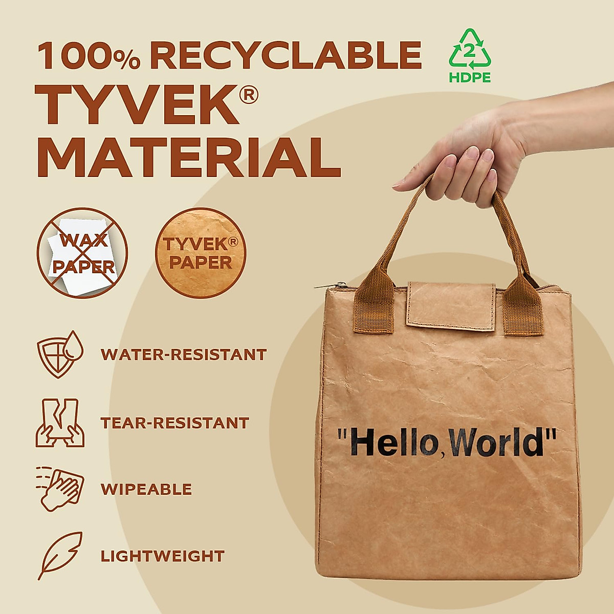 VonNova Insulated Lunch Box for Women, 7L Capacity, Leakproof Lunch Tote Bag, Durable Lunchbox made from Tyvek Material, Adult Cooler Bag for Work, Picnic, Travel and more (Hello World)