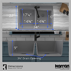 Karran QT-720 Drop-In Quartz Composite 34 in. 1-Hole 50/50 Double Bowl Kitchen Sink in Grey