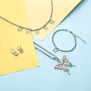 Hicarer Big Butterfly Pendant Necklace Rhinestone Chain Shiny Crystal Choker Pendant Collar Necklace and Butterfly Bracelet Butterfly Earrings Jewelry for Women