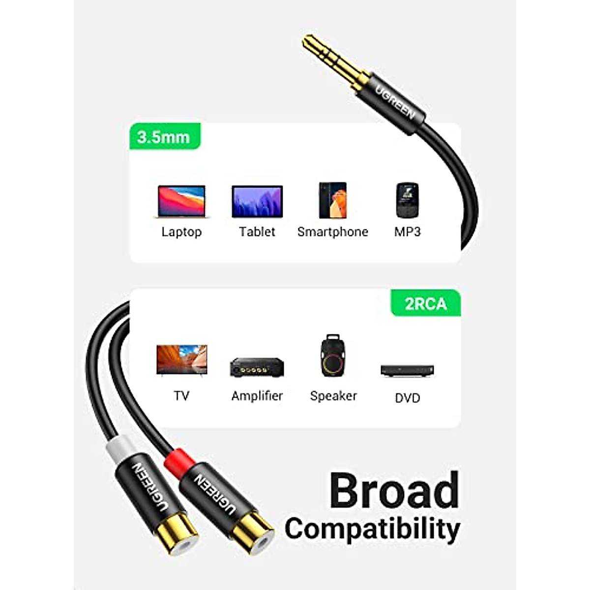 UGREEN RCA to Aux Cable 3.5mm Male to 2RCA Female Adapter Hi-Fi Sound RCA Auxiliary Stereo Audio Cord Gold Plated RCA Y Splitter 1/8 to RCA Connector for iPhone MP3 Tablet Computer Speaker 0.8 FT