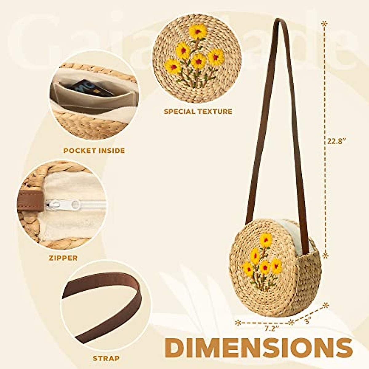 GAIAMADE Seagrass Vacation Purse with Shoulder Strap and Zipper, Round Wicker Bag, Summer Purse, Embroidered Sunflower Woven Beach Bag, Basket Purse, Round Rattan Bags For Women, Straw Purse