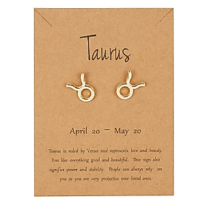 18K Gold Plated Zodiac Stud Earrings 12 Constellation Astrology Card Packaging Horoscope 18K Gold Plated Little Ear Stud for Women Birthday Anniversary Friendship Exquisite Jewelry Gift-Taurus