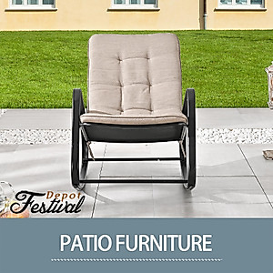 Festival Depot Patio Upholstered Rocking Chair Lounge Chairs Living Room Sofa Glider Rocker Chair w/Metal Frame Removable Cushion High Back Widened Seat Best Comfy Modern Portable