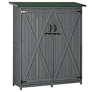 Outsunny Outdoor Storage Cabinet Wooden Garden Shed Utility Tool Organizer with Waterproof Asphalt Rood, Lockable Doors, 3 Tier Shelves for Lawn, Backyard, Grey