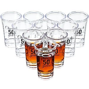 Sliner 48 Pack Birthday Shot Glasses Bulk Unbreakable 1.4oz Cheers to 30/40/50/60/70/80 Years Shot Glass Thick Base Mini Clear Plastic Shot Glass Anniversary Favors for Guests Birthday (for 50 Years)