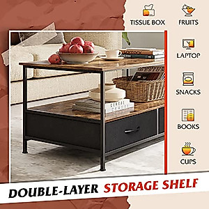 WLIVE Coffee Table with Storage Drawers and Open Shelf, Mid-Century Modern Wood and Metal Cocktail Table for Living Room