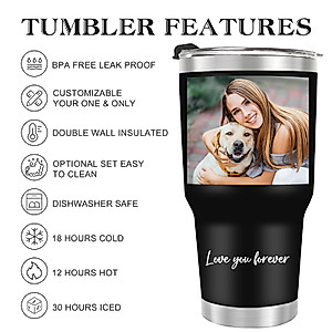 Custom Tumblers Personalized Stainless Steel Photo Coffee Tumbler Mug 30 oz Cups with Lid and Straw for Birthday Dad Mom Friends Men Women Custom Gifts