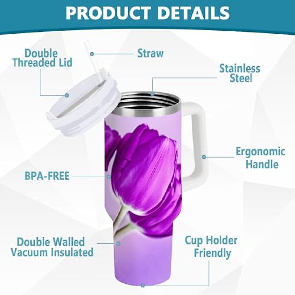 Vacuum Insulated Tumbler 40 Oz with Straw and Handle, Purple Tulips Light Purple Travel Coffee Tumbler