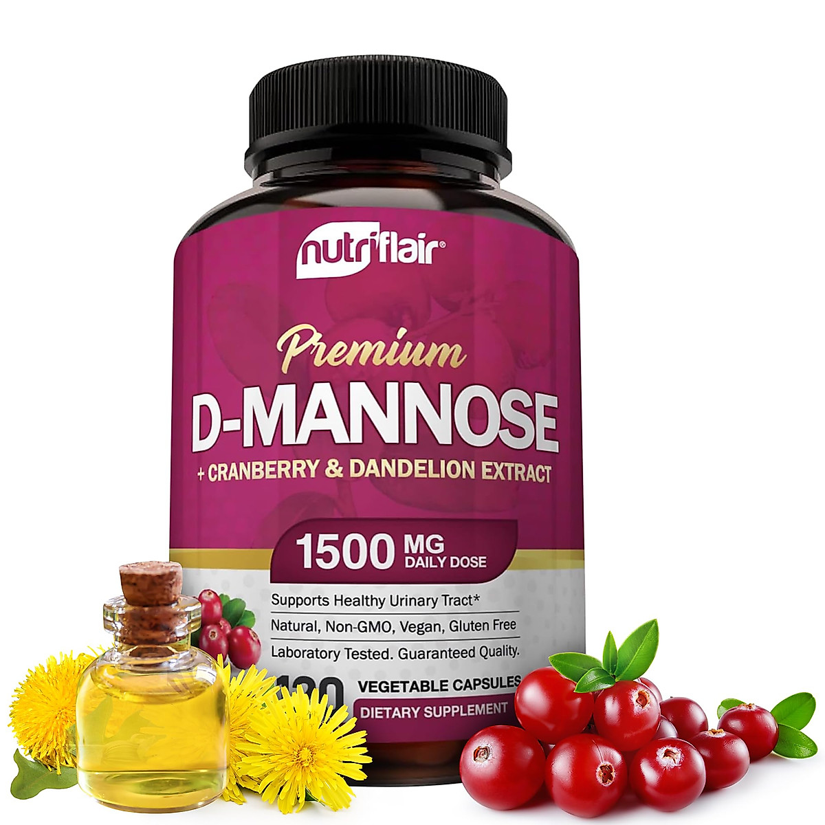 NutriFlair D-Mannose 1200mg, 120 Capsules - with Cranberry and Dandelion Extract - Natural Urinary Tract Health UTI Support - Best D Mannose Powder - Flush Impurities, Detox Body, for Women and Men