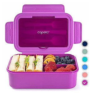 Caperci Classic Bento Lunch Box for Adult & Older Kids - Leakpoof 47 oz 3-Compartment Lunch Containers for Adults and Teens, Built-in Utensil Set, Ideal for On-the-Go, Purple