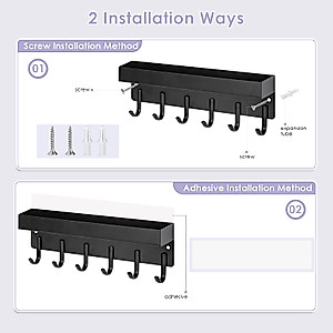 VIS'V Key Holder Wall Mount, Matte Black Stainless Steel Key Mail Holder Small Key Rack with Tray Adhesive Key Hanger Mail Storge Organizer with 6 Key Hooks for Entryway Hallway Doorway