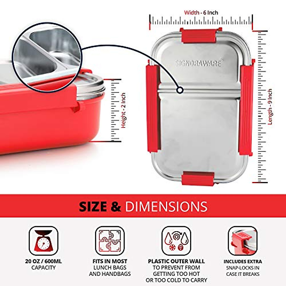 Signoraware Stainless Steel Bento Lunch Box | 20-Ounce Eco Friendly Portion Control Lunchbox Containers | 2-Compartment Metal Food Pail With Cover That Prevents Leaks & Spills (Red)