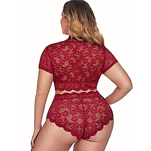 Avidlove Plus Size Lingerie Plus Floral Lace Scallop Trim Lingerie Set Deep V Allover Lace Bra Panties Set Sexy Clubwear (18W, 1 Wine Red)