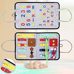 Busy Board for Toddlers 1-6, Montessori Sensory Toy for Develop Basic Skills, Dress and Alphabet Spell Cognition Latch Buckle Learning Games, Great Airplane and Carseat Travel Gift for Boys and Girls