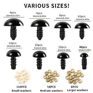 XKDOUS 260PCS Plastic Safety Eyes with Washers, 6-18 mm, 8 Sizes Safety Eyes for Crochet Crafts, DIY Crafts, Stuffed Animals