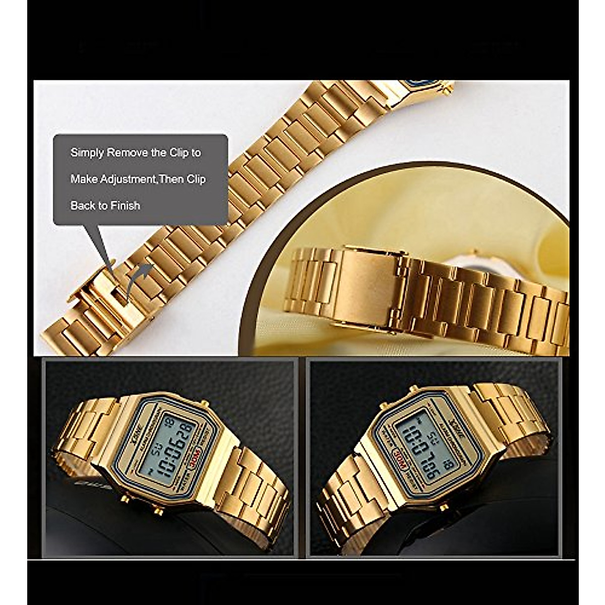 Digital Sports Watch Men's Women Water Resistant Outdoor Stainless Steel Band Electronic Square LED Back Light Wristwatch Gold 1123