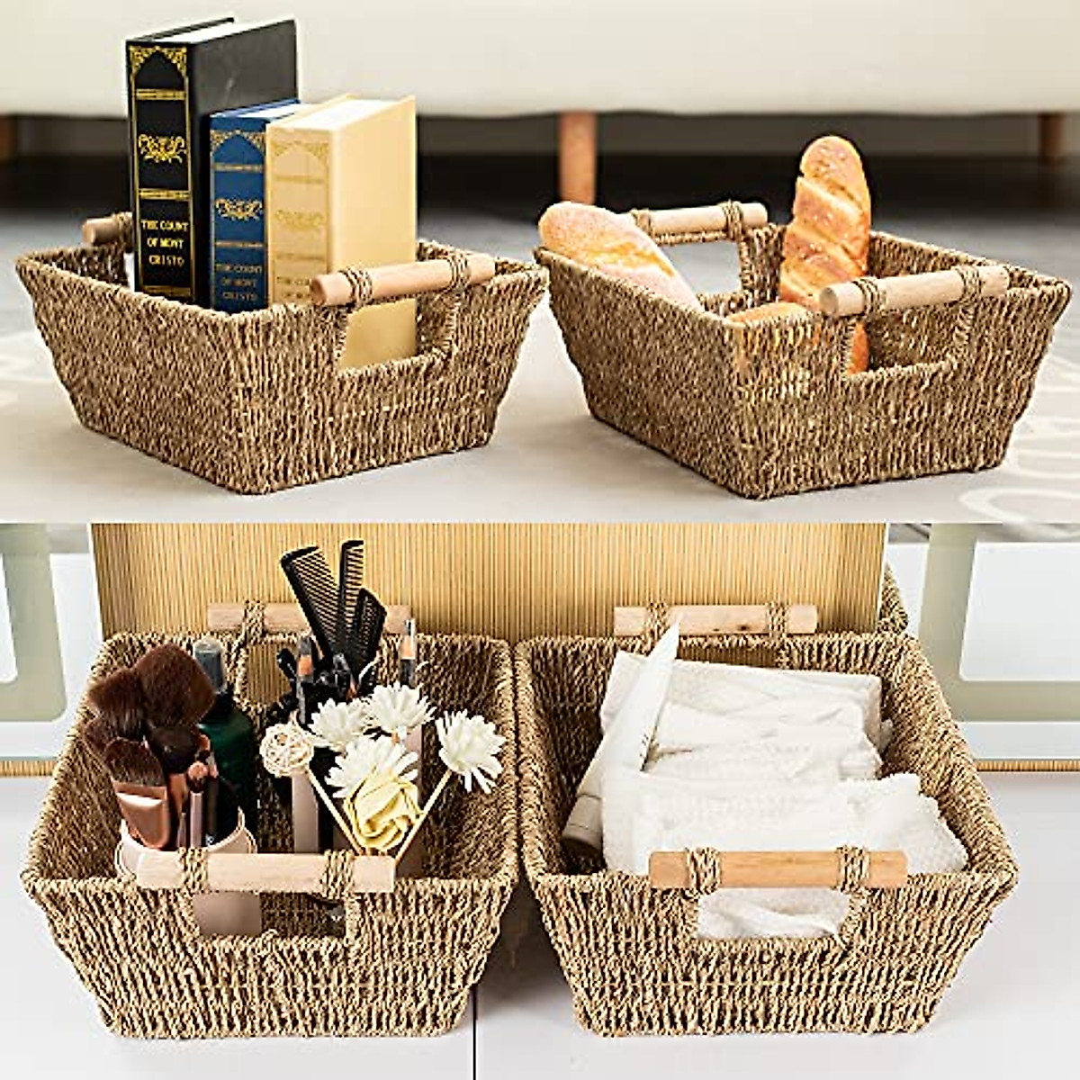 Handmade Woven Wicker Storage Baskets, 2-Pack, Seagrass Shelf Baskets for Organizing & Sorting, Toilet Paper Towel Holder Basket with Wooden Handles, Iron frame, 11.8" x 10.2" x 4.8"