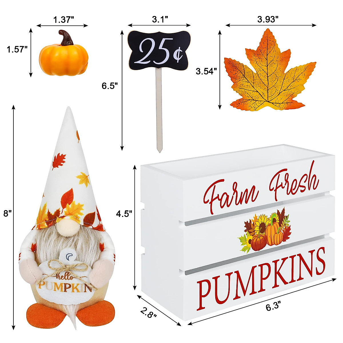 Fall Decorations for Home Indoor, Fall Thanksgiving Table Decor - Wooden Crate with 1 Fall Gnome Plush, 4 Mini Foam Pumpkins & 6 Fall Leaves, Farmhouse Fall Kitchen Tiered Tray Decor Mantle Shelf Desk