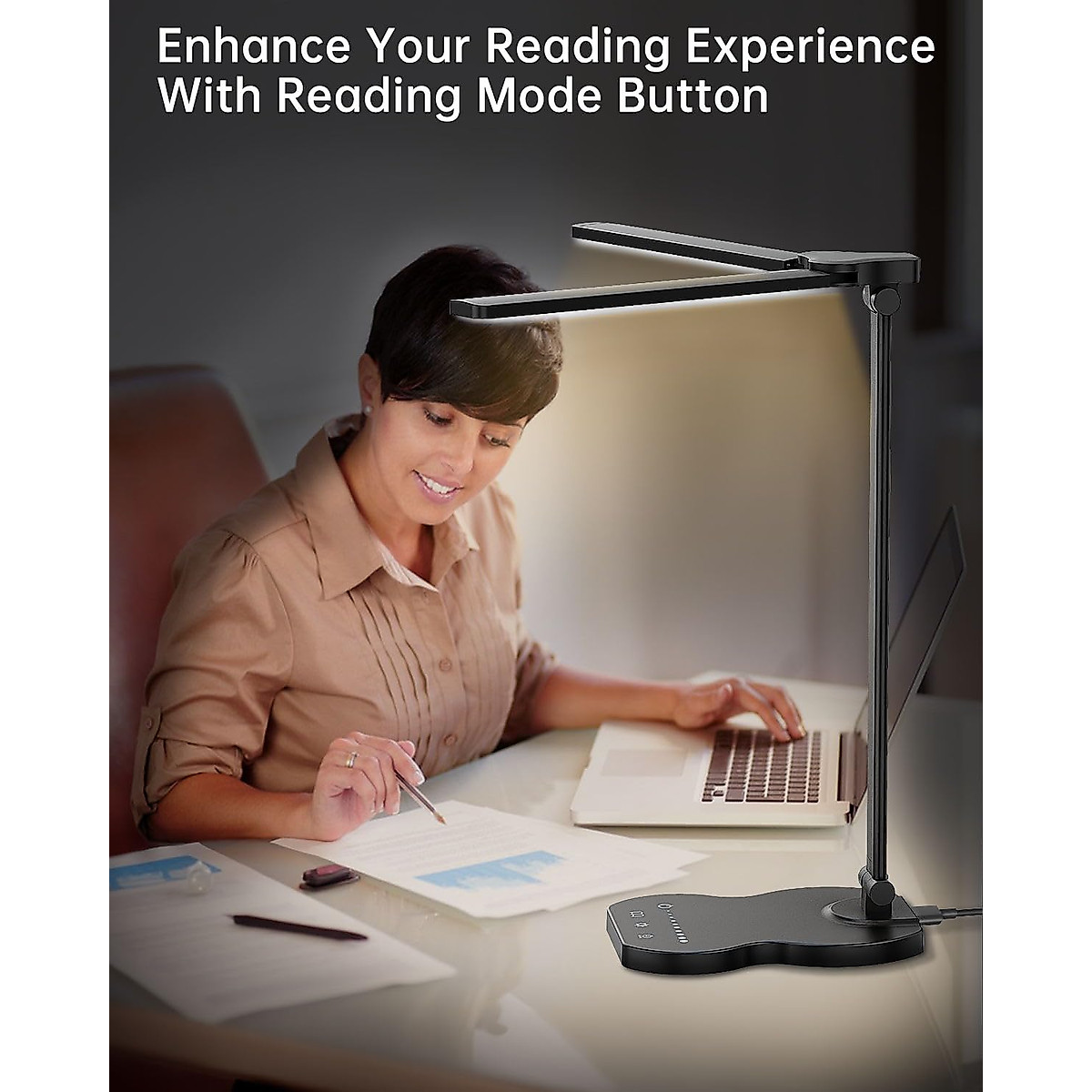 LED Double Head Desk Lamp for Home Office with Adjustable Swing Arms and Dimmable Touch Control LED Desk Light USB Power and Multi-Color Illumination for Home Office and Study