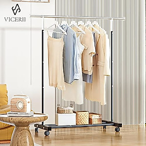 VICERII Clothing Rack, 55.51 Inch Garment Rack with Wheels and Bottom Shelf, 130LB Capacity Heavy Duty Rolling Clothes Racks for Hanging Clothes, Coats, Shirts, Sweaters, Skirts, Dress, Black