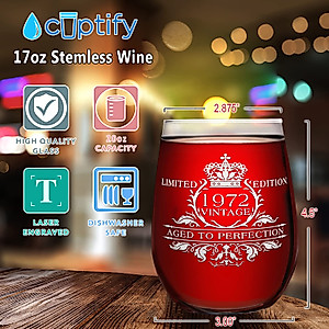 Cuptify 51st Birthday Gifts for Women 1972 Vintage Edition 17 oz Stemless Wine Glass 51 Year Old Birthday Anniversary Presents Party Decorations for Mom