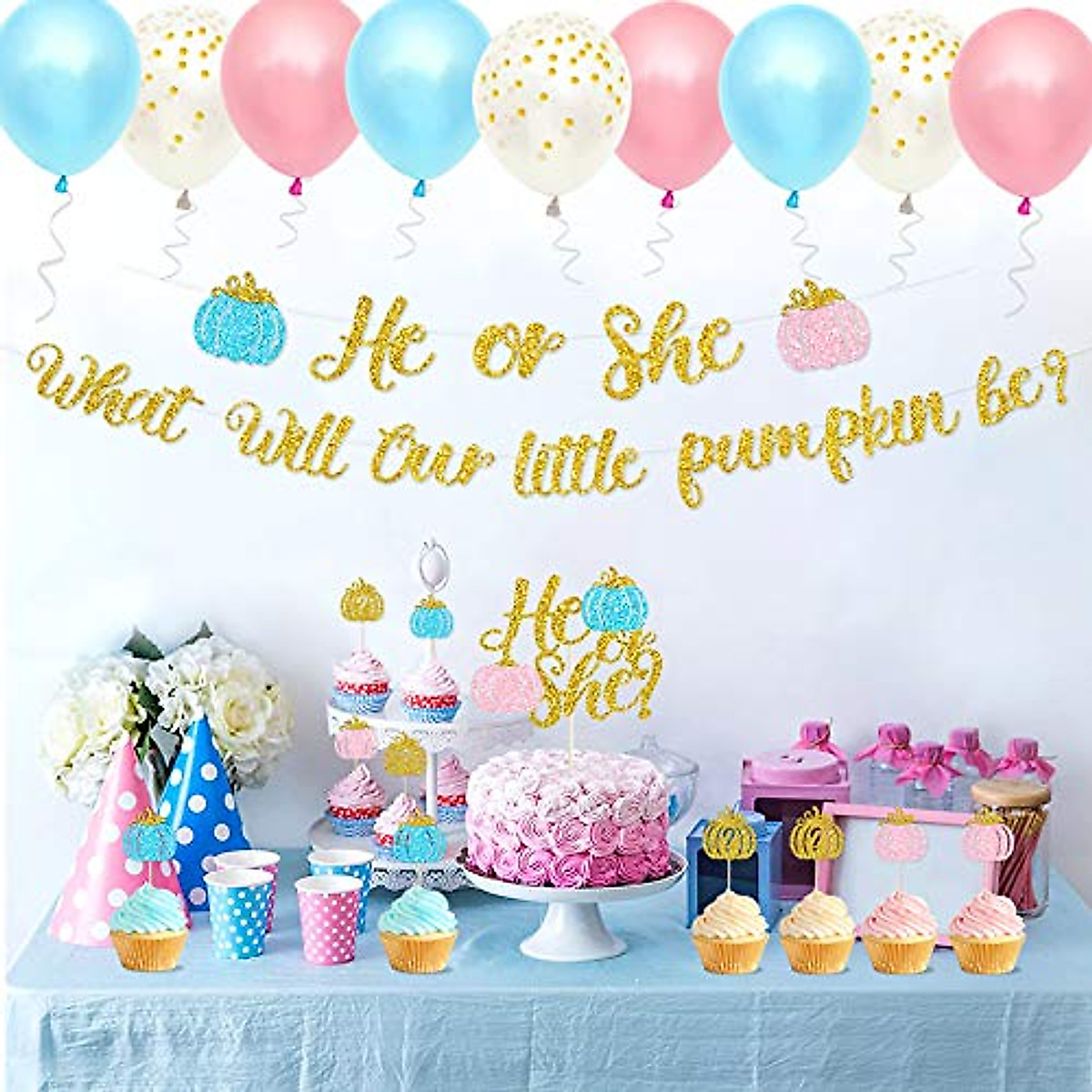 Pumpkin Gender Reveal Party Decoration Fall Baby Shower Banner He Or She Cake Cupcake Topper Pink Blue Balloons Boy Or Girls Sex Announcement Ideas Favor Supplies