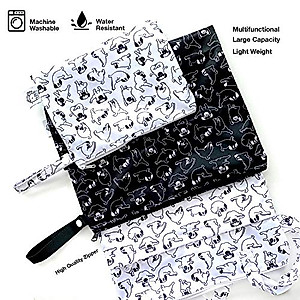 FLOCK THREE 3pcs Waterproof Wet Bag Tote Reusable Wet Clothes Baby Diapers Stroller Swimsuit Travel Reusable toiletries Pouch Small Larger Electronics case 3 Pack Dog (Yoga Dog)